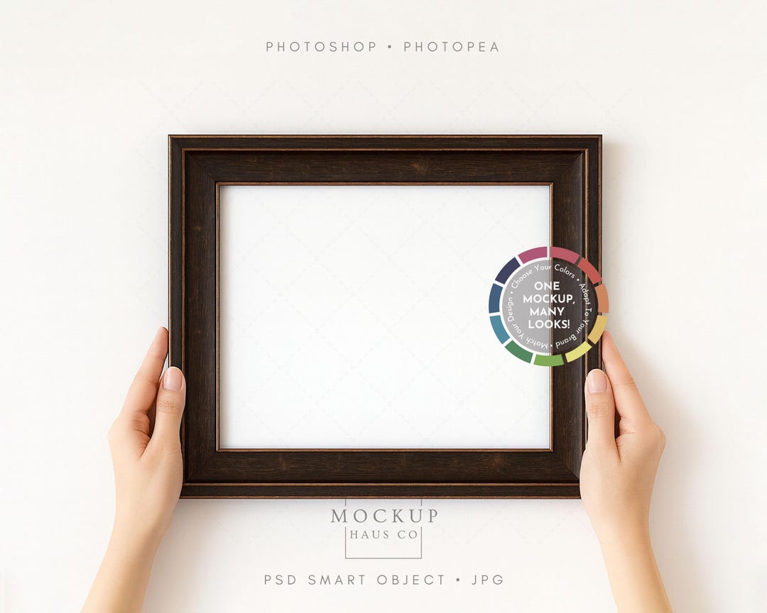 8x10 Horizontal Frame Mockup PSD Dark Wood Frame Mock up With Person ...
