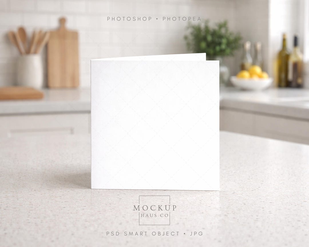 Square Card Mockup PSD | Simple Greeting Card Mock up on Kitchen ...