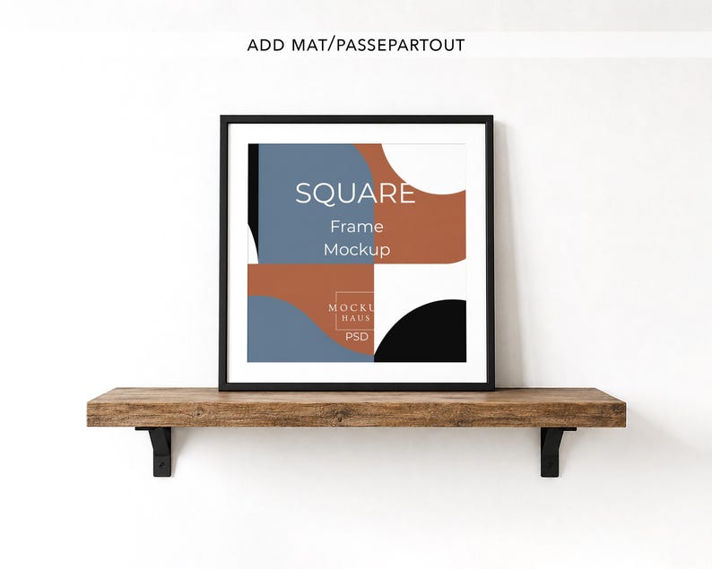 Square Frame Mockup PSD Black Poster Display on Wooden Shelf Minimal ...