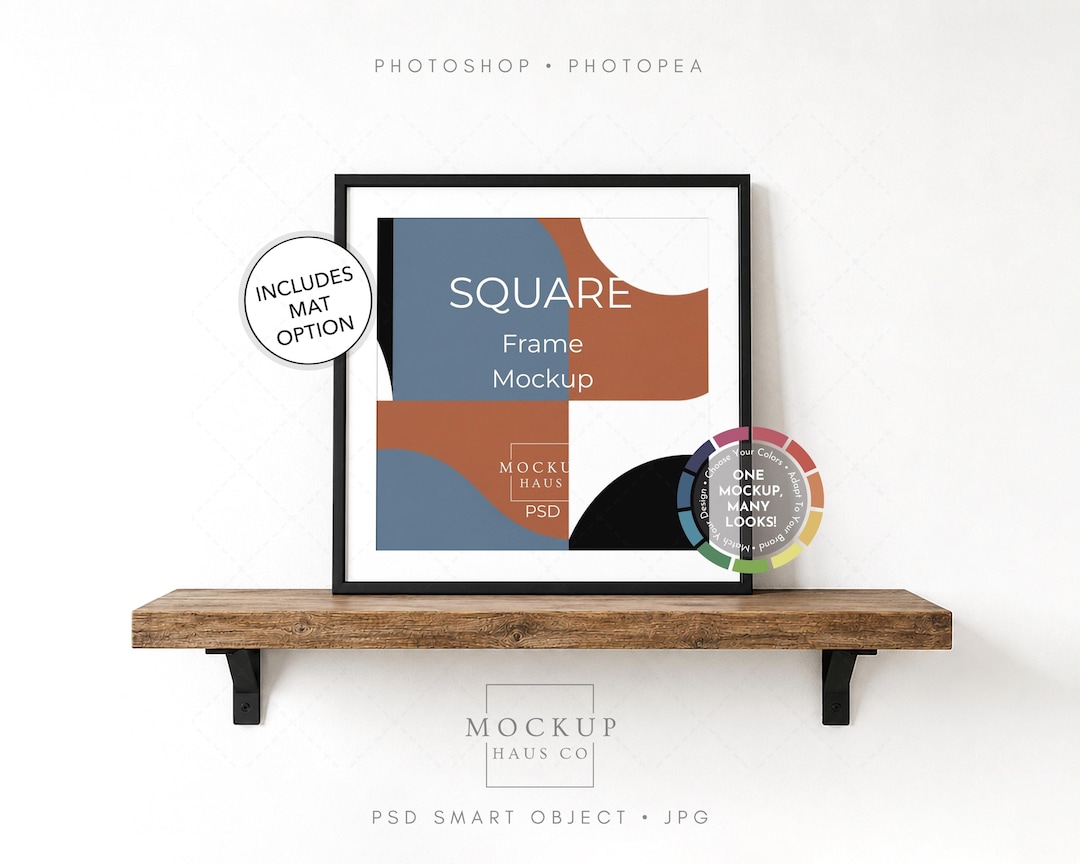 Square Frame Mockup PSD Black Art Poster Mock up on Rustic Shelf ...