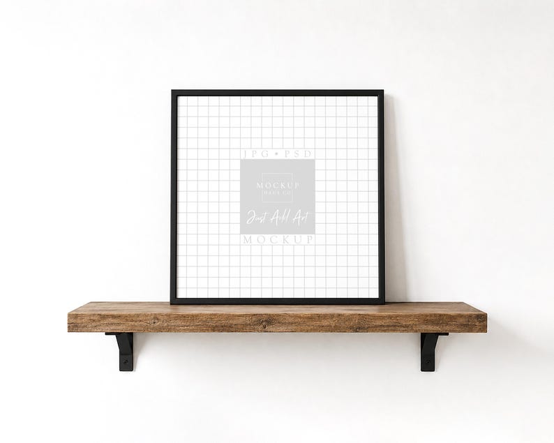 Square Frame Mockup PSD Black Art Poster Mock up on Rustic Shelf ...