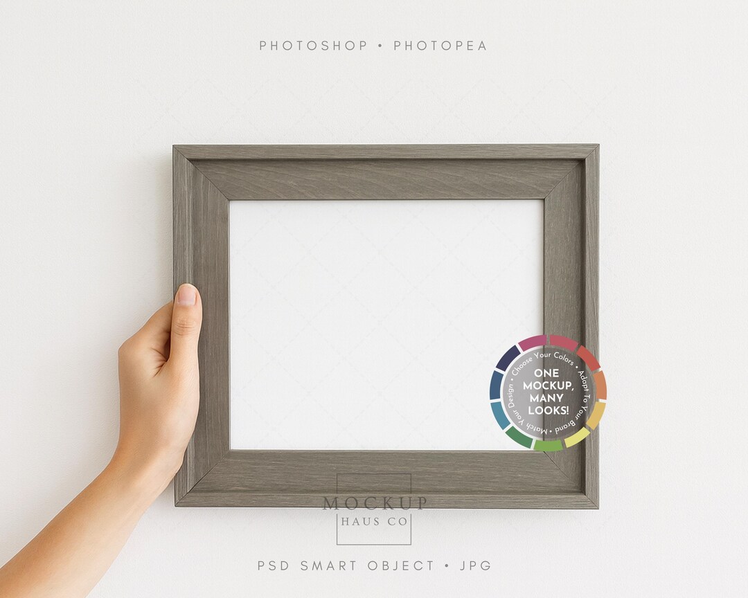 8x10 Horizontal Frame Mockup PSD With Person Hand Holding Grey Wood ...