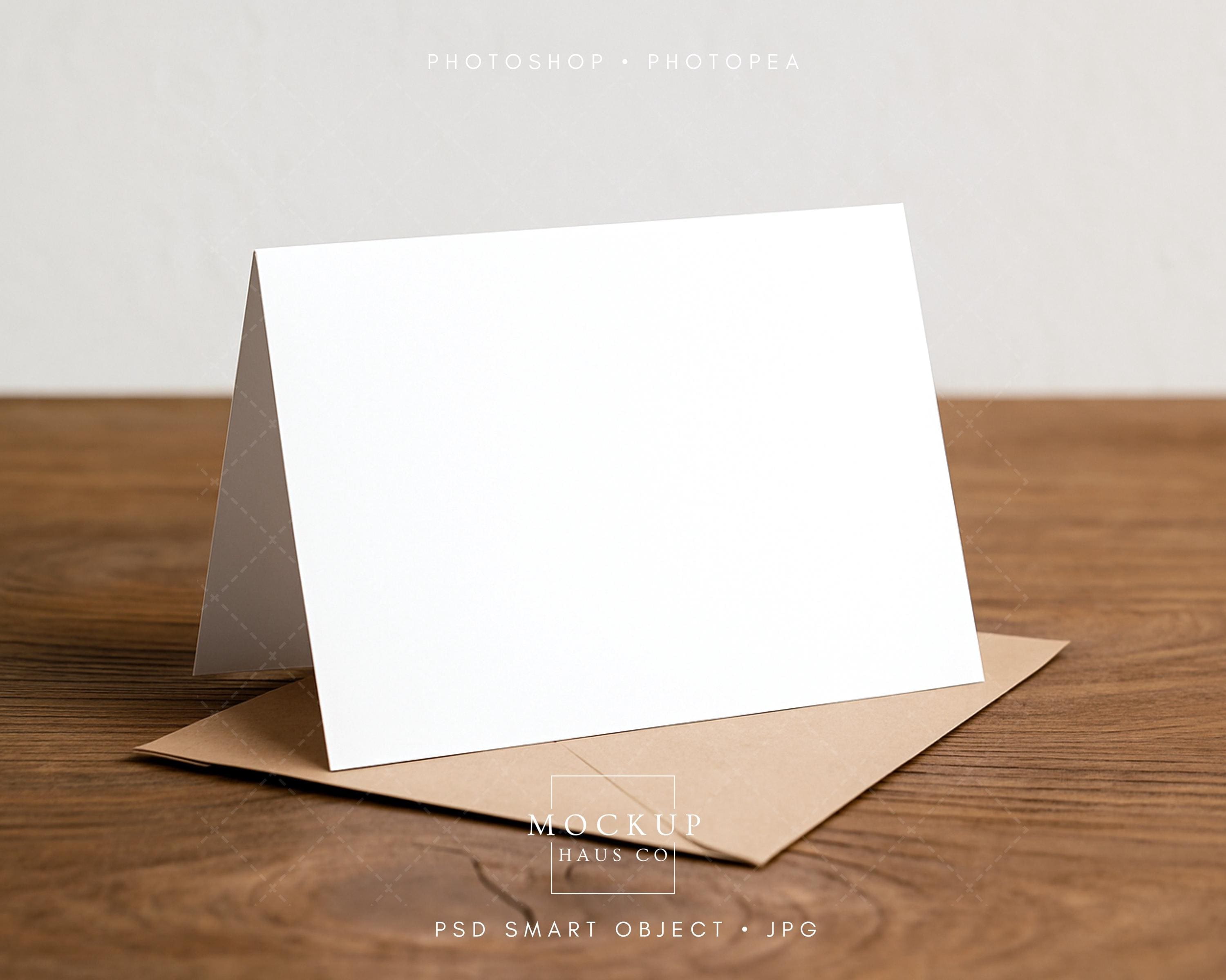 Folded Card Mockup, Blank White Horizontal Greeting Card Standing on a ...