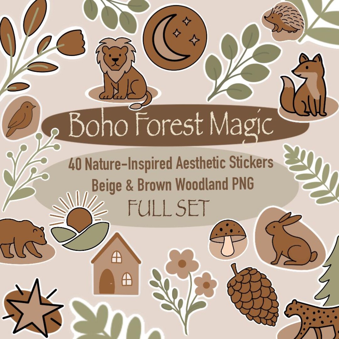 40 Hand-drawn Boho Forest Stickers: Woodland Animals, Nature PNG Set ...