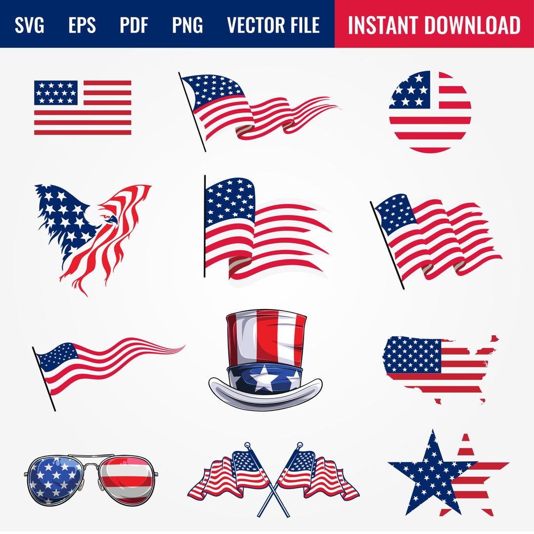 USA Flag Vector Clipart Bundle: Patriotic American Designs (digital ...