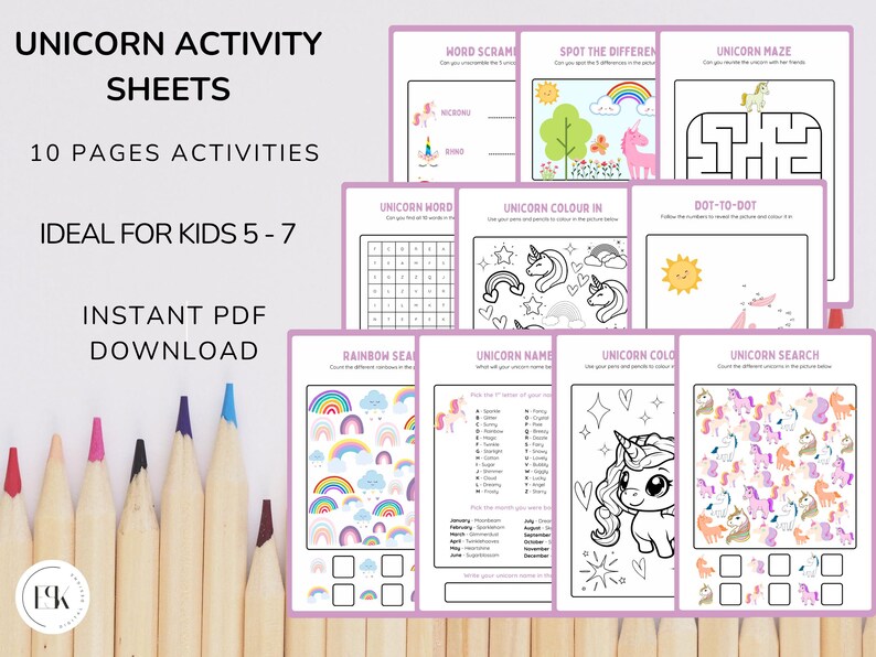 Unicorn Activity Pack: Colouring Pages, Word Search, Maze (digital ...