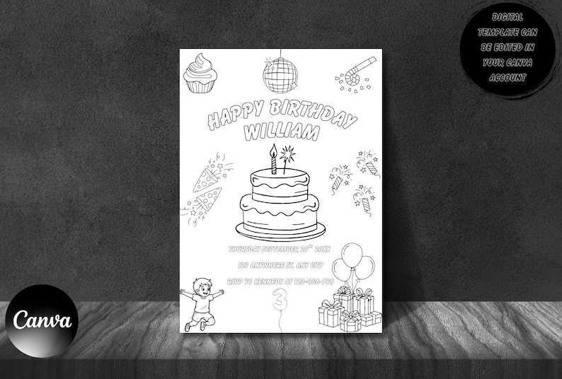 Completely Editable Canva Template, Simple Black and White Birthday ...