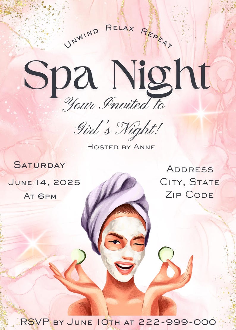 Spa Night, Girls Night, Unwind Relax Repeat, 5x7 Printable & Mobile ...