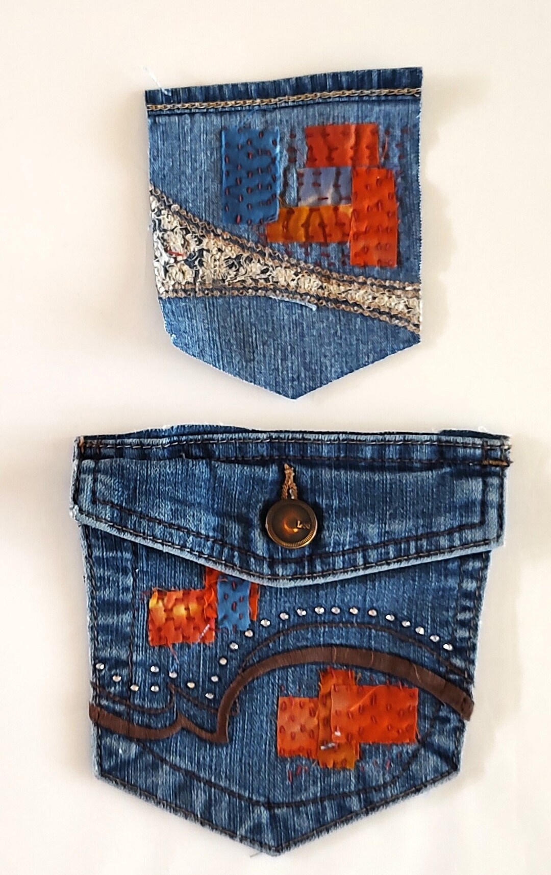 Denim Jean Patch Pockets Hand Stitched Raw Edge Applique Boro Stitch ...