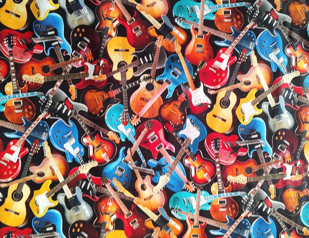 Guitar Fabric: Multi-colored Tossed Guitars, Black Cotton Material - Etsy