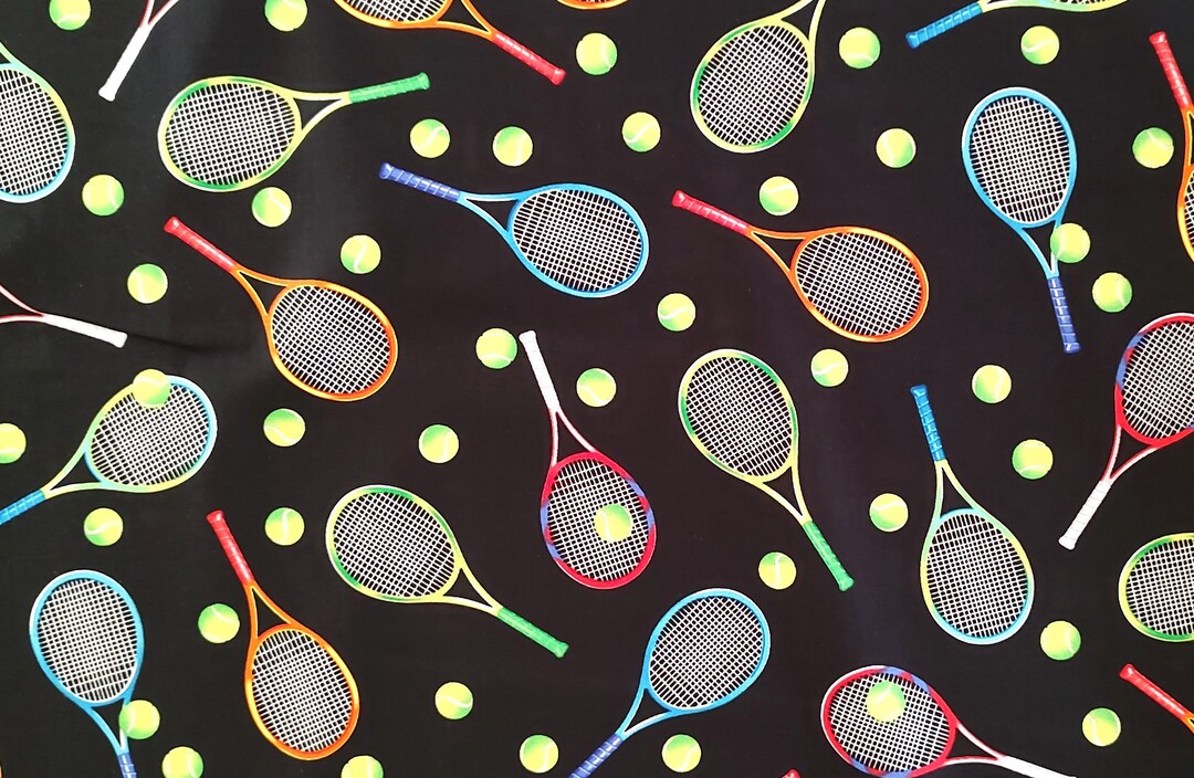 Tennis Rackets & Balls Fabric: Cotton Material, Black Background - Etsy