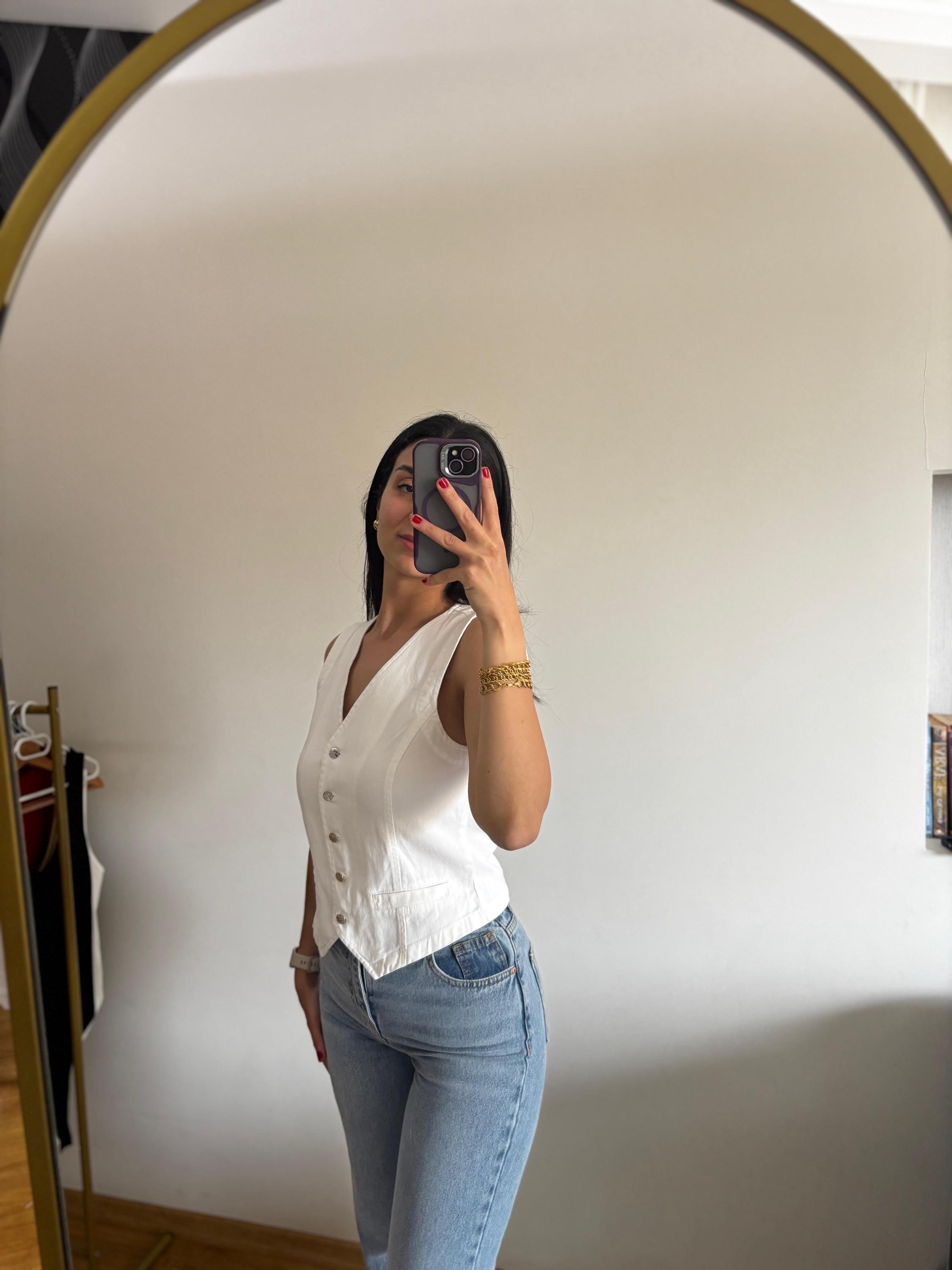 Classic Front Button Women's Vest, White Denim Vest, White Waistcoat ...