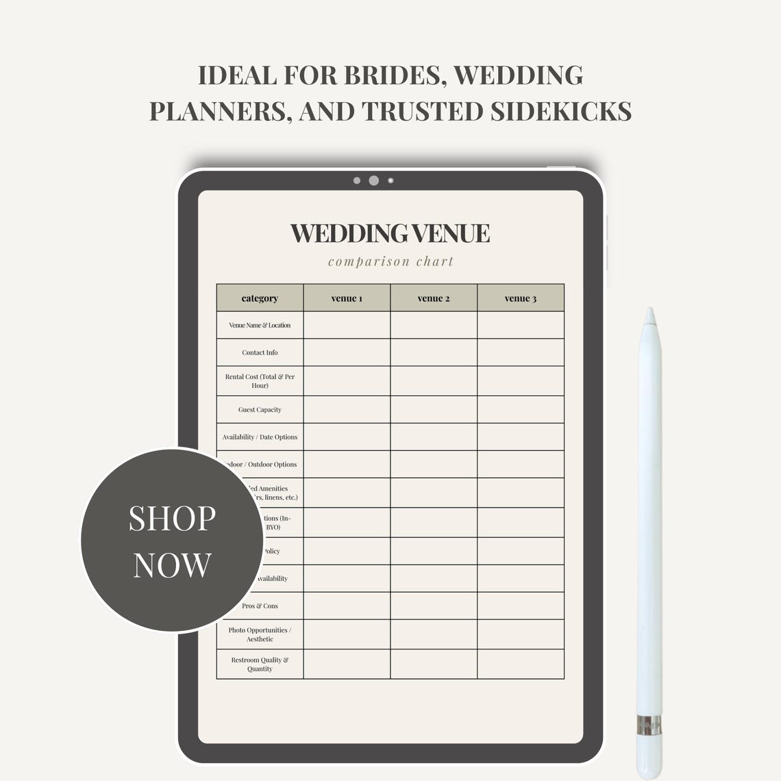 Wedding Venue Comparison Sheet | Editable Canva Template for Brides ...