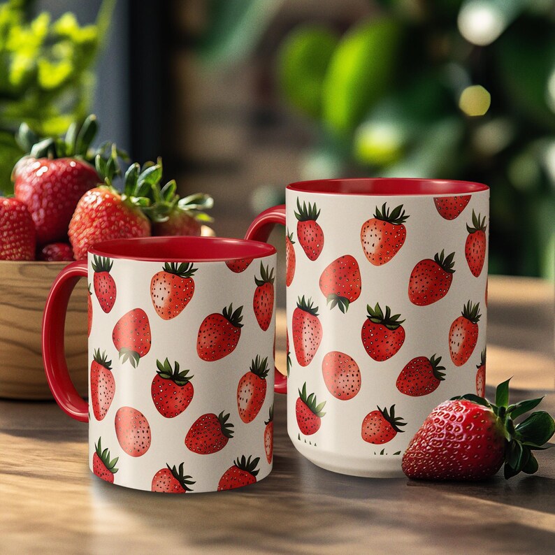 Ceramic Strawberry Mug Hand Drawn Fruit Pattern Kitchen Decor Coffee ...