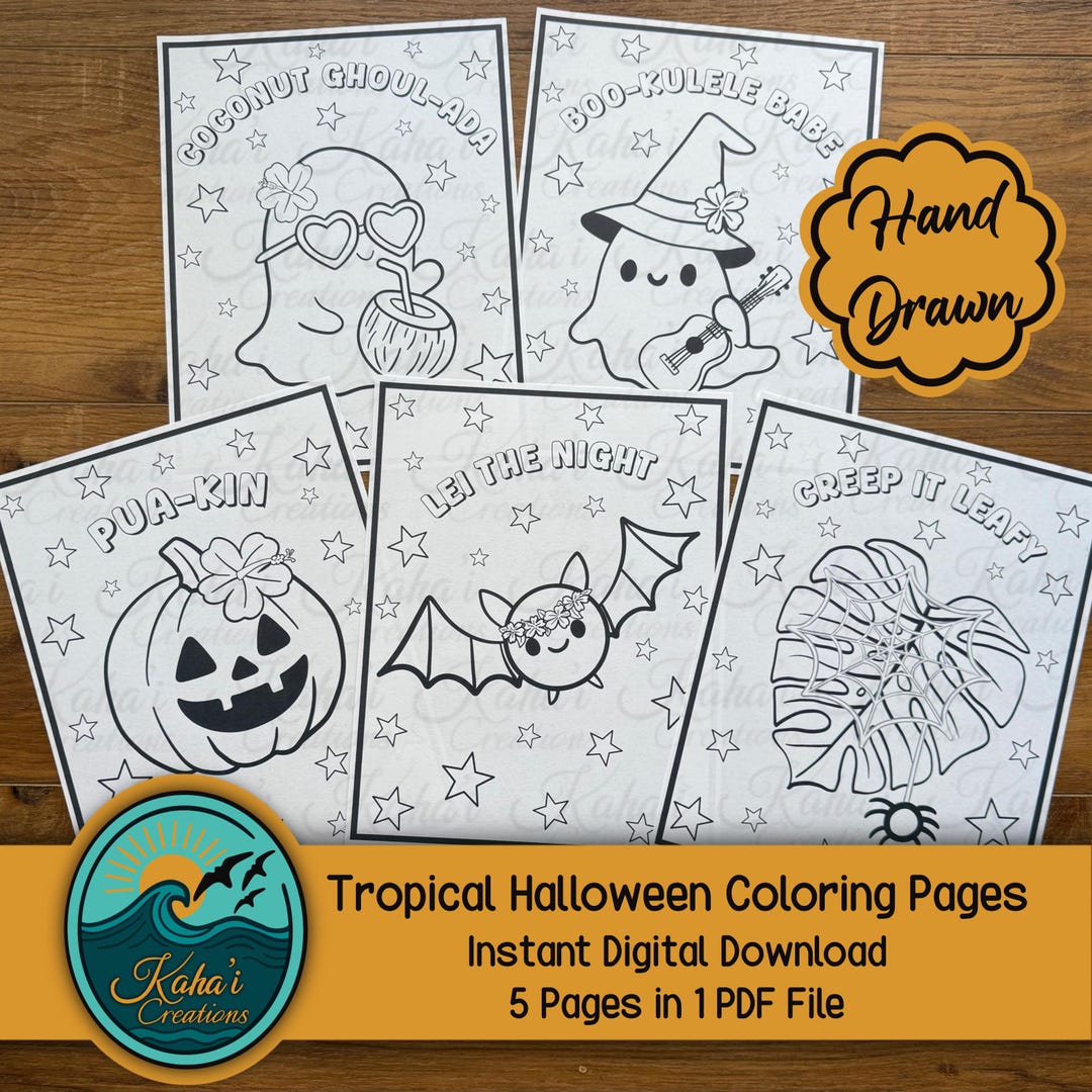 Tropical Halloween Coloring Pages | Cute Island Halloween PDF, Digital ...