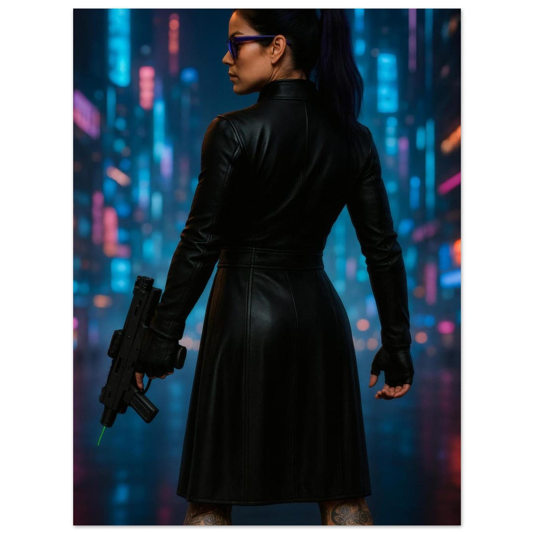 Cyberpunk Assassin Wall Art Futuristic Female Warrior in Leather Trench ...