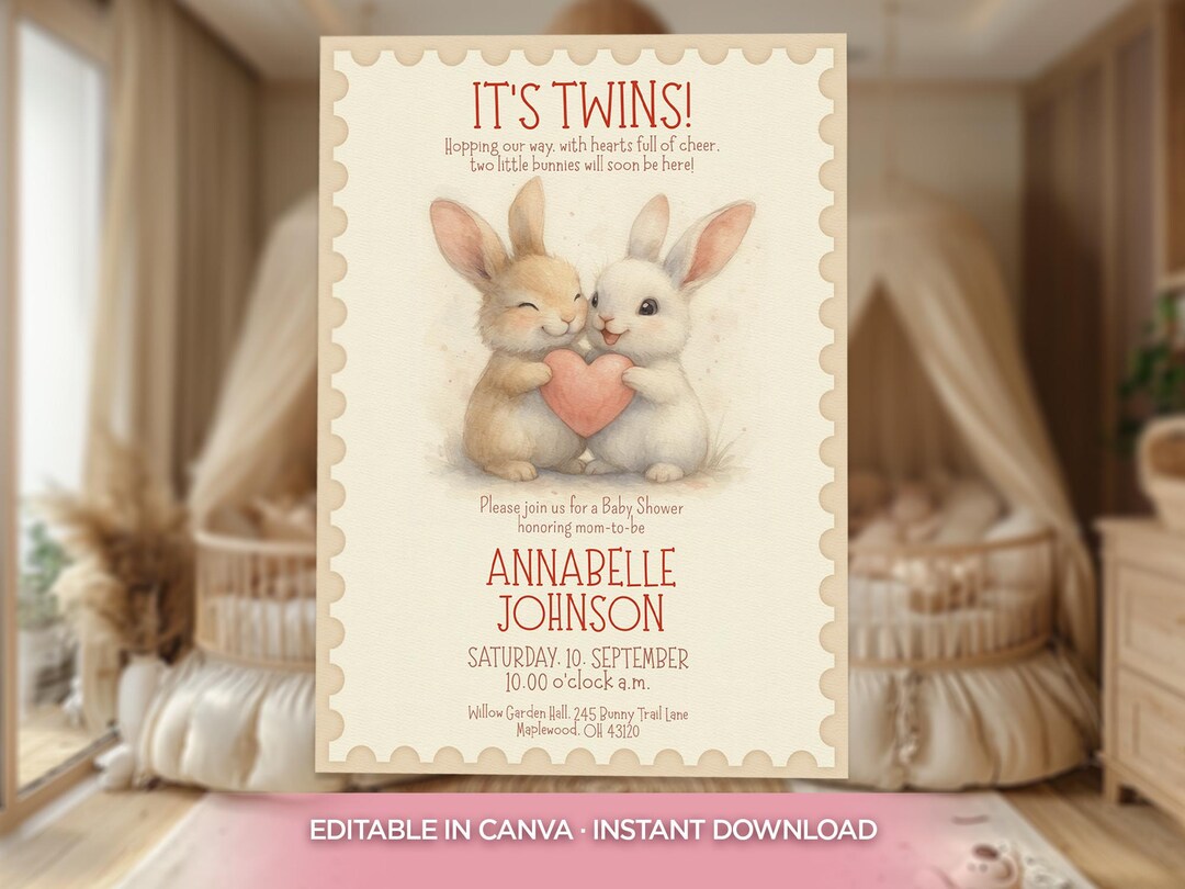 Twins Baby Shower Invitation | Bunny Twins Template | Canva Editable ...