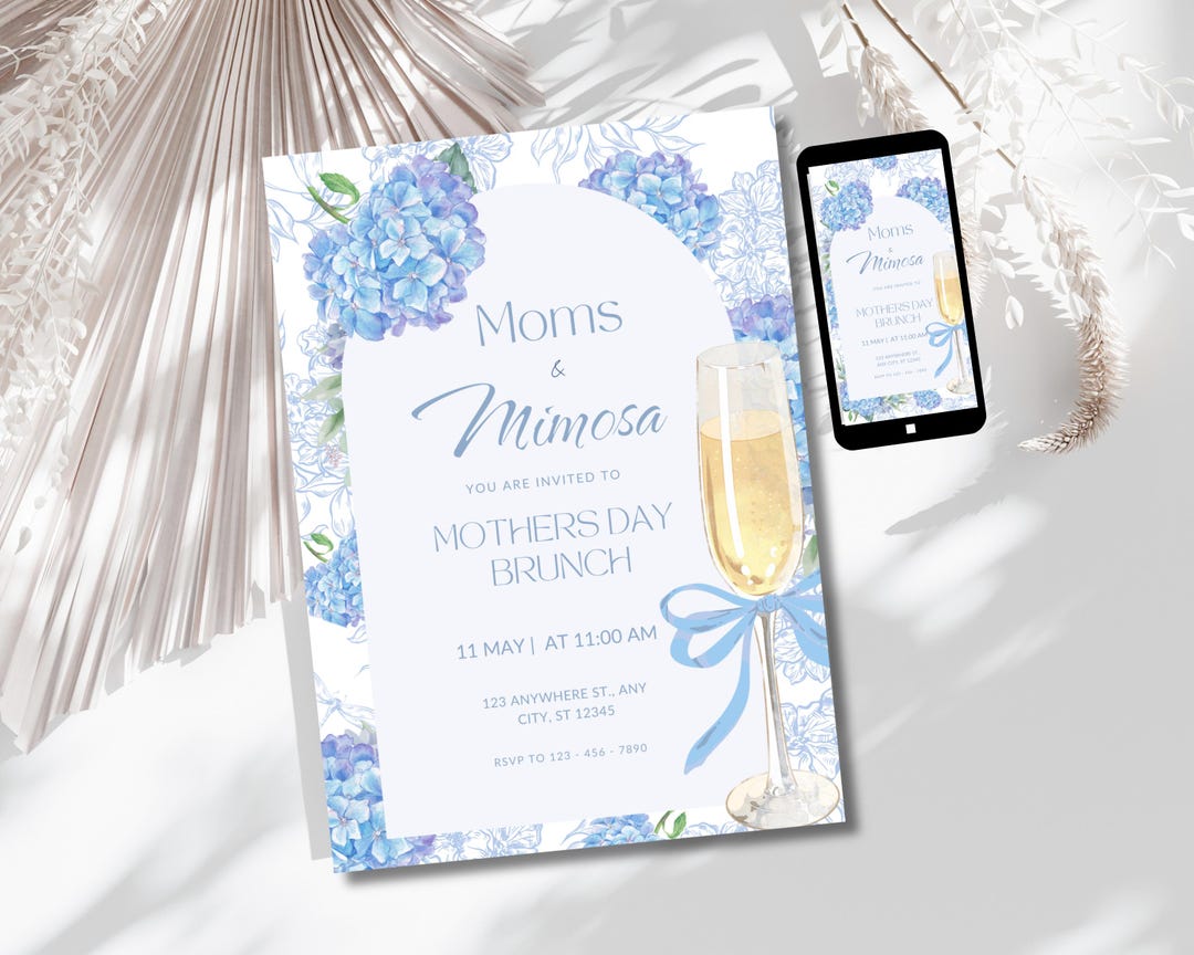 Moms and Mimosa, Blue Hydrangea ,mothers Day Brunch Editable Invitation ...