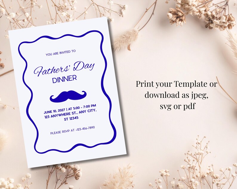 Fathers Day Dinner Invitation Template, Royal Blue Mustache (digital ...