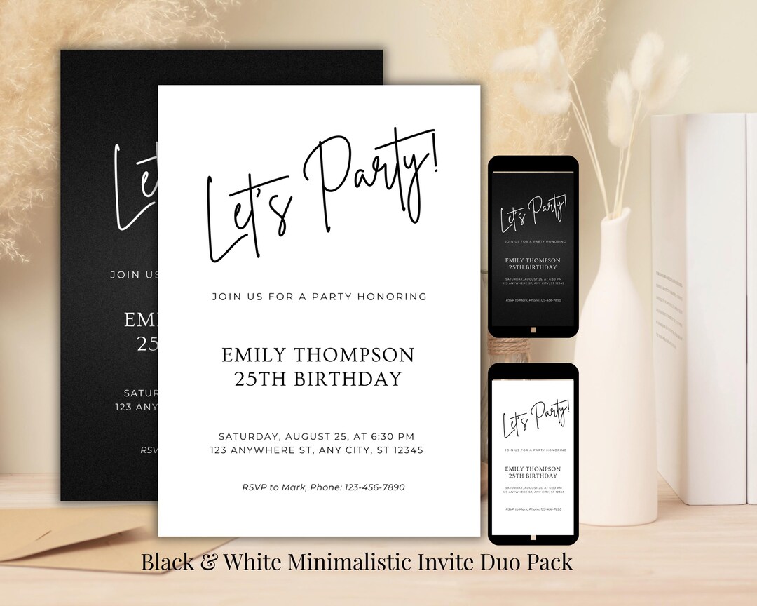 Modern Minimalist Party Invitation Duo Pack | Black White Canva ...