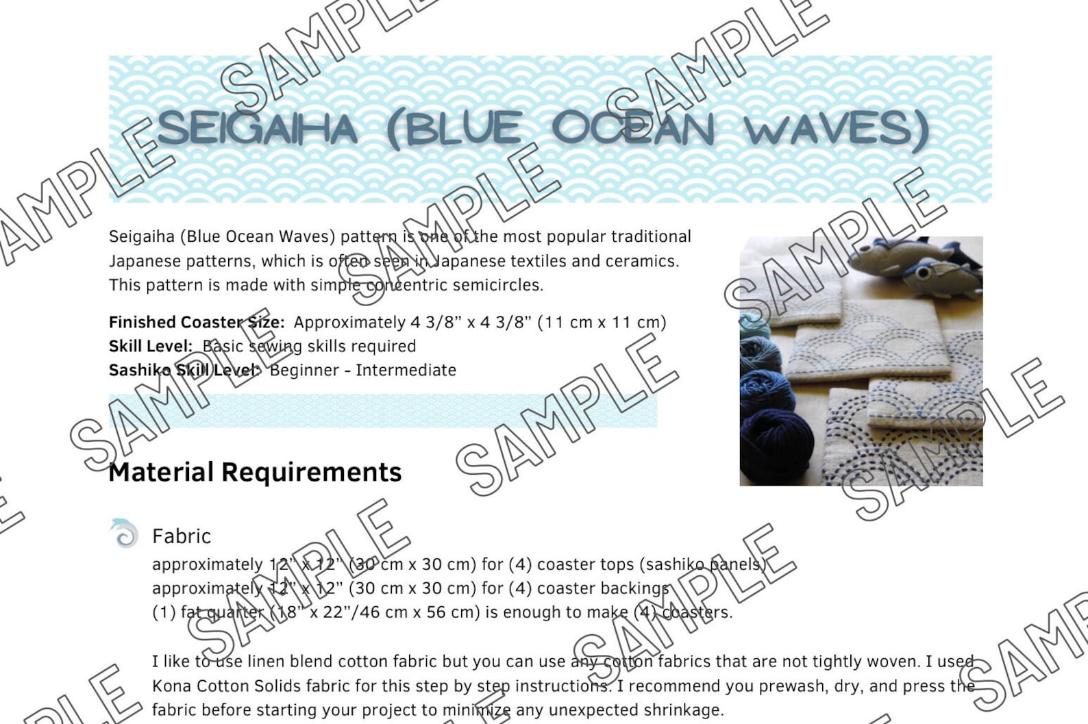 Sashiko Coaster Tutorial: Seigaiha Blue Ocean Waves (PDF Pattern) - Etsy
