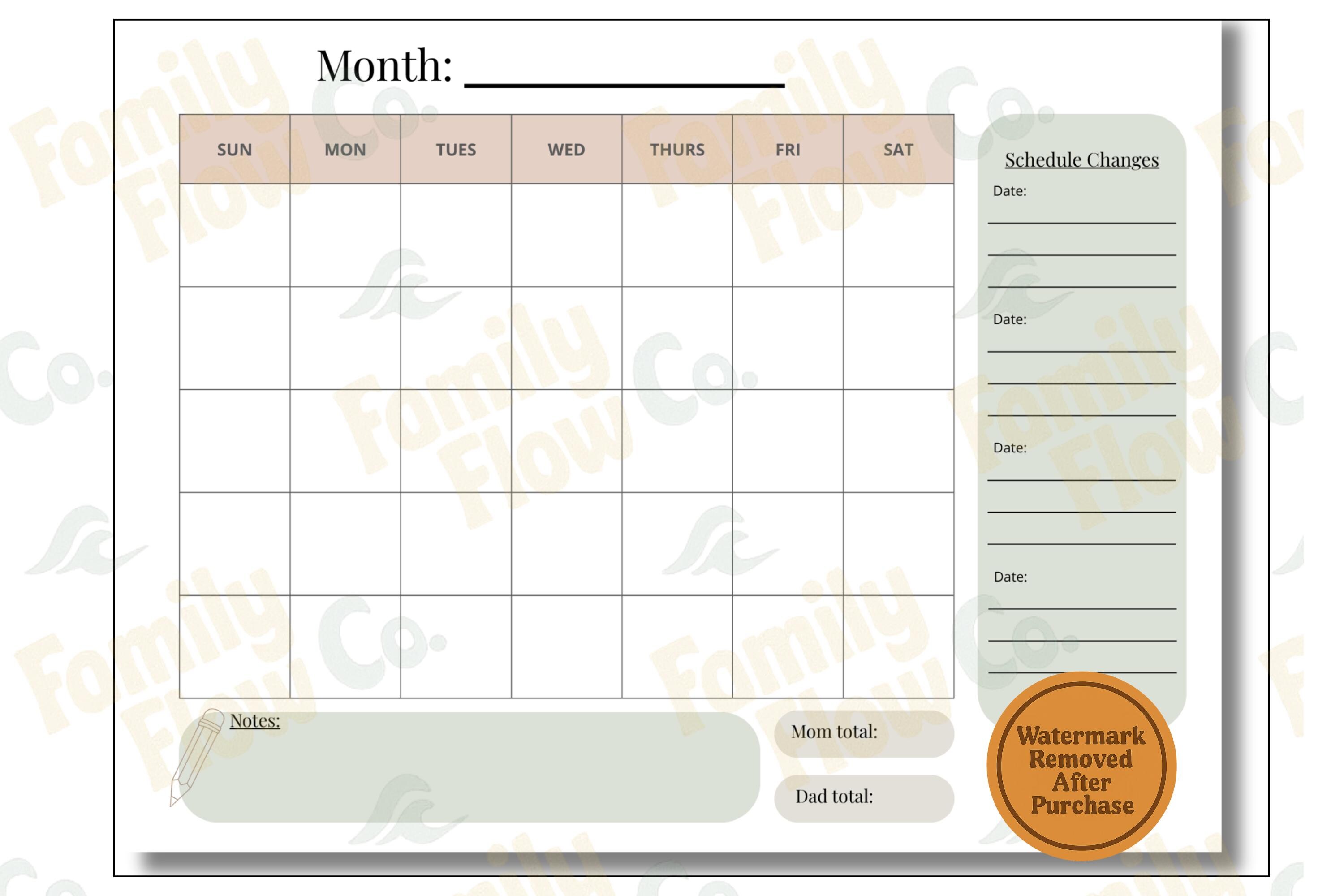 Co-parenting Calendar | Printable Family Calendar for Parent ...
