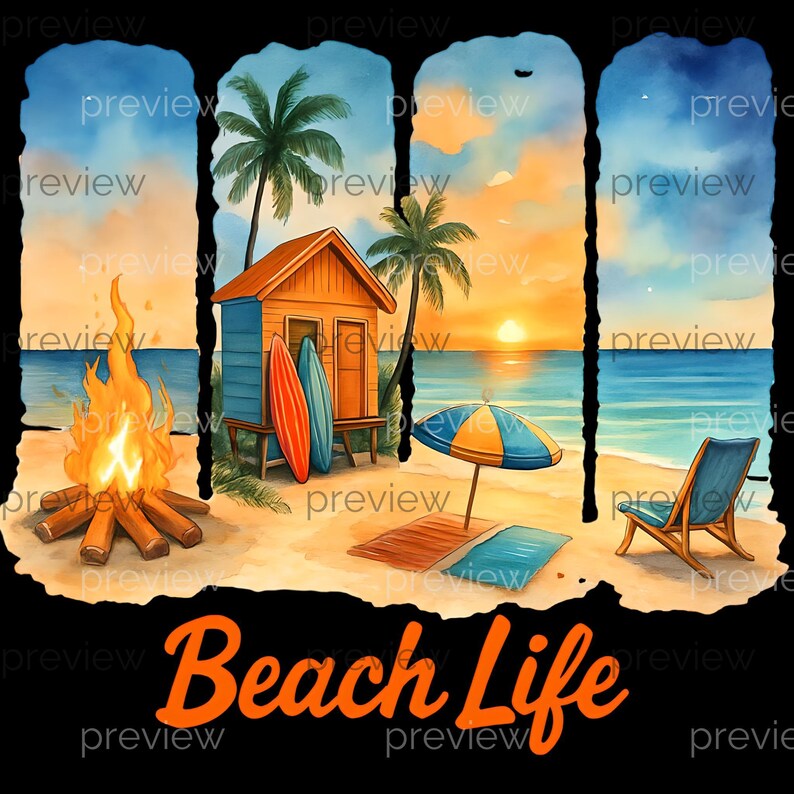 Beach Life Collage Clip Art - Vibrant Beach Scene With Surfboards, Palm ...