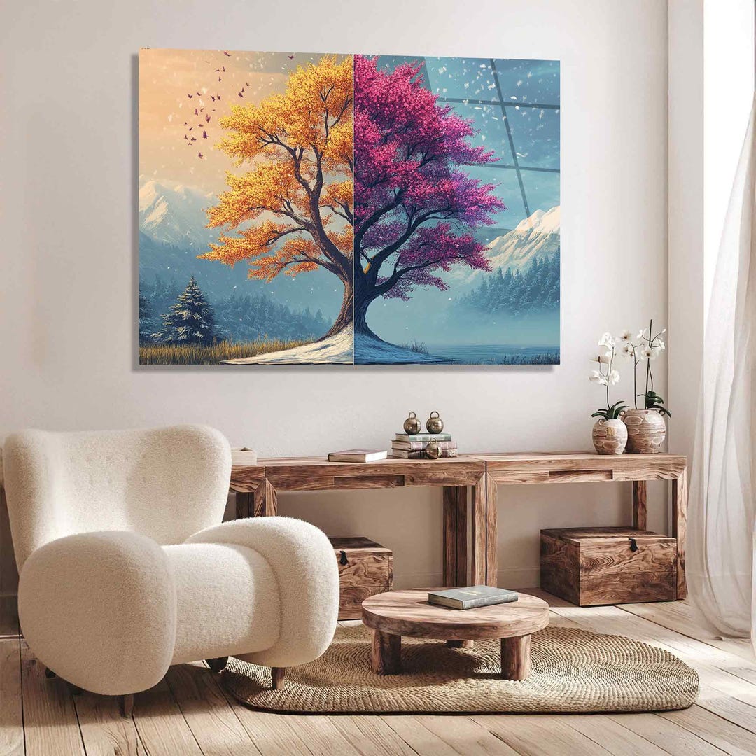 Split Seasons Tree Wall Art – Tempered Glass Nature Print | Autumn ...