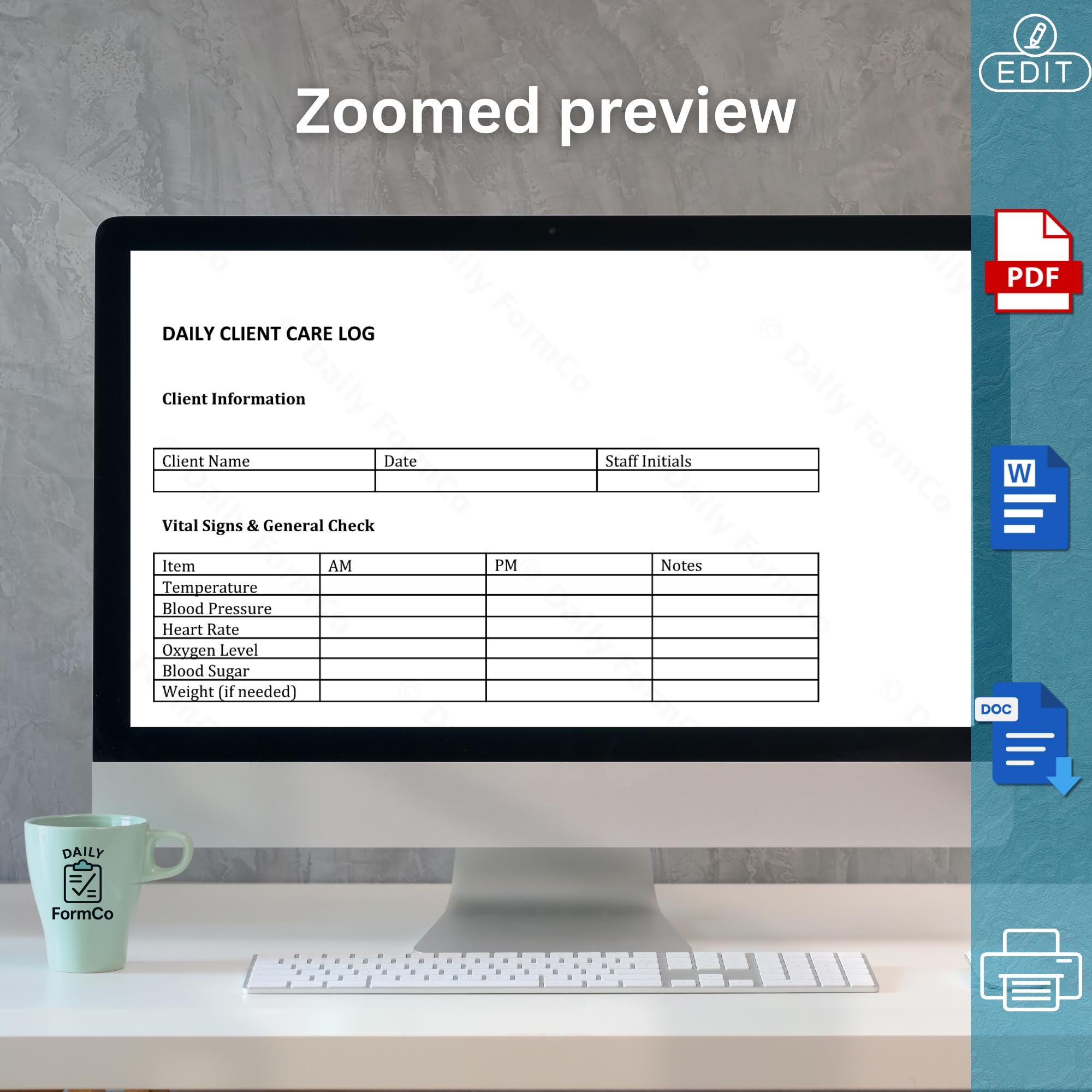 Editable Daily Client Care Log Template. Printable Care Log Sheet ...