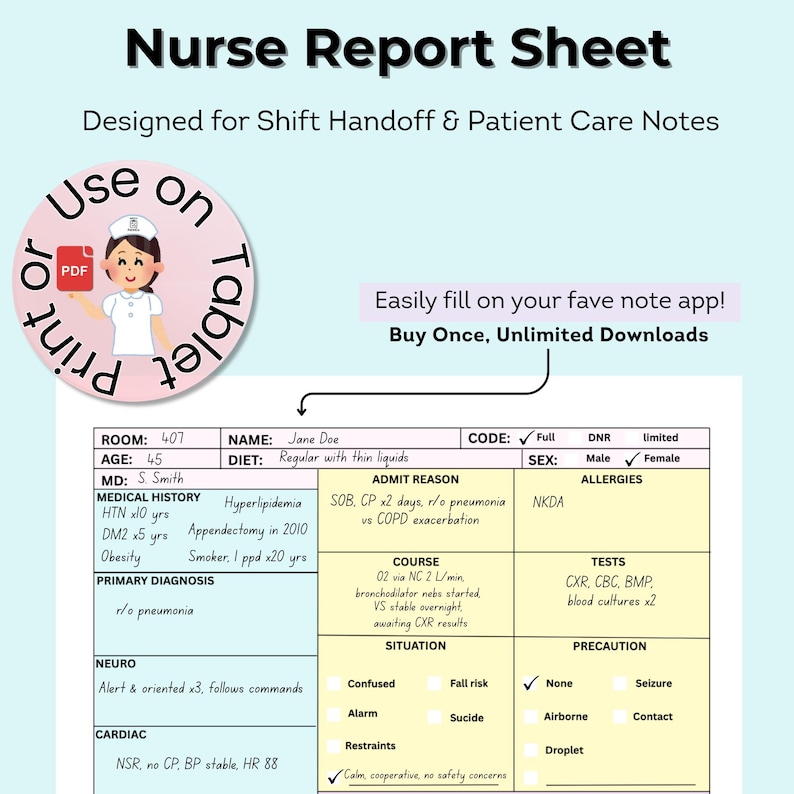 Nurse Report Sheet | Printable PDF for Shift Handoff and Patient Care ...