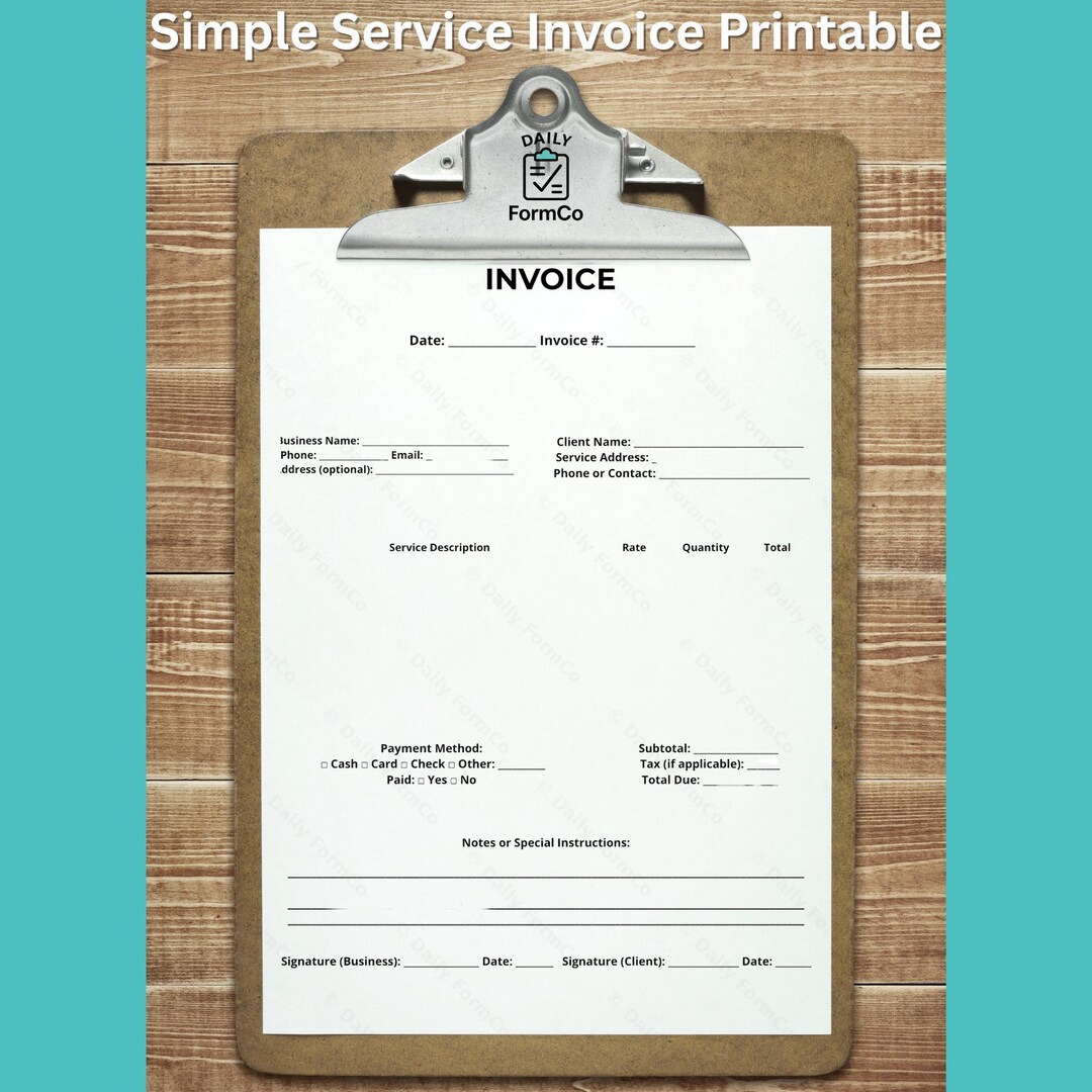 Simple Service Invoice Printable | Blank Business Invoice Template for ...