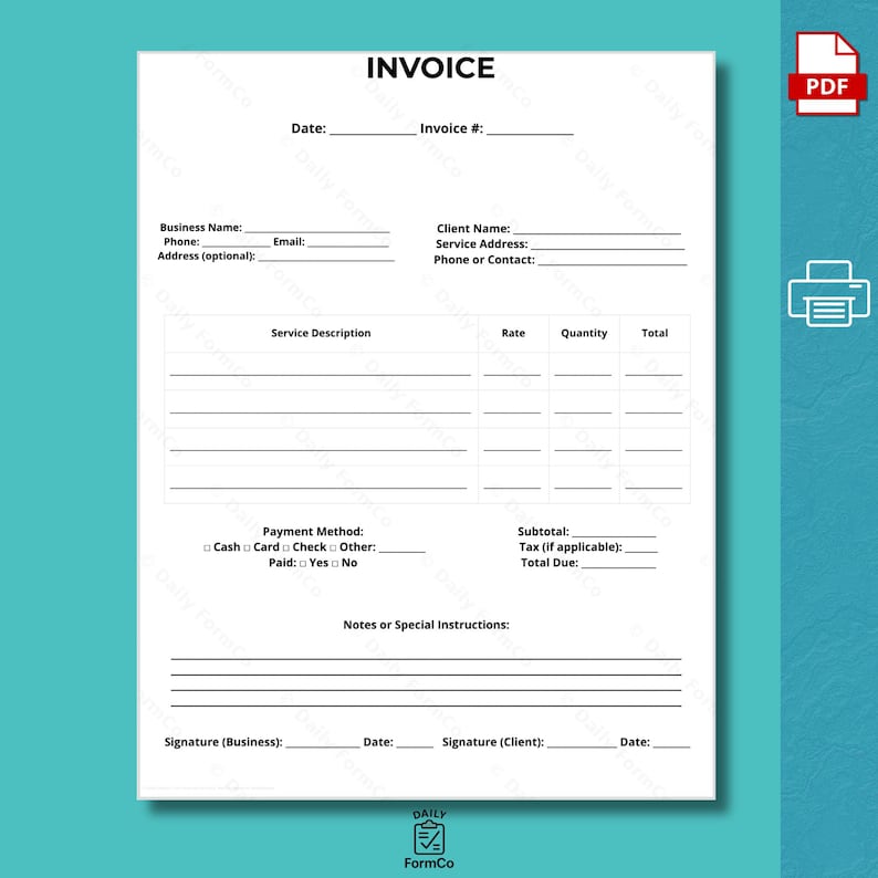 Simple Service Invoice Printable | Blank Business Invoice Template for ...
