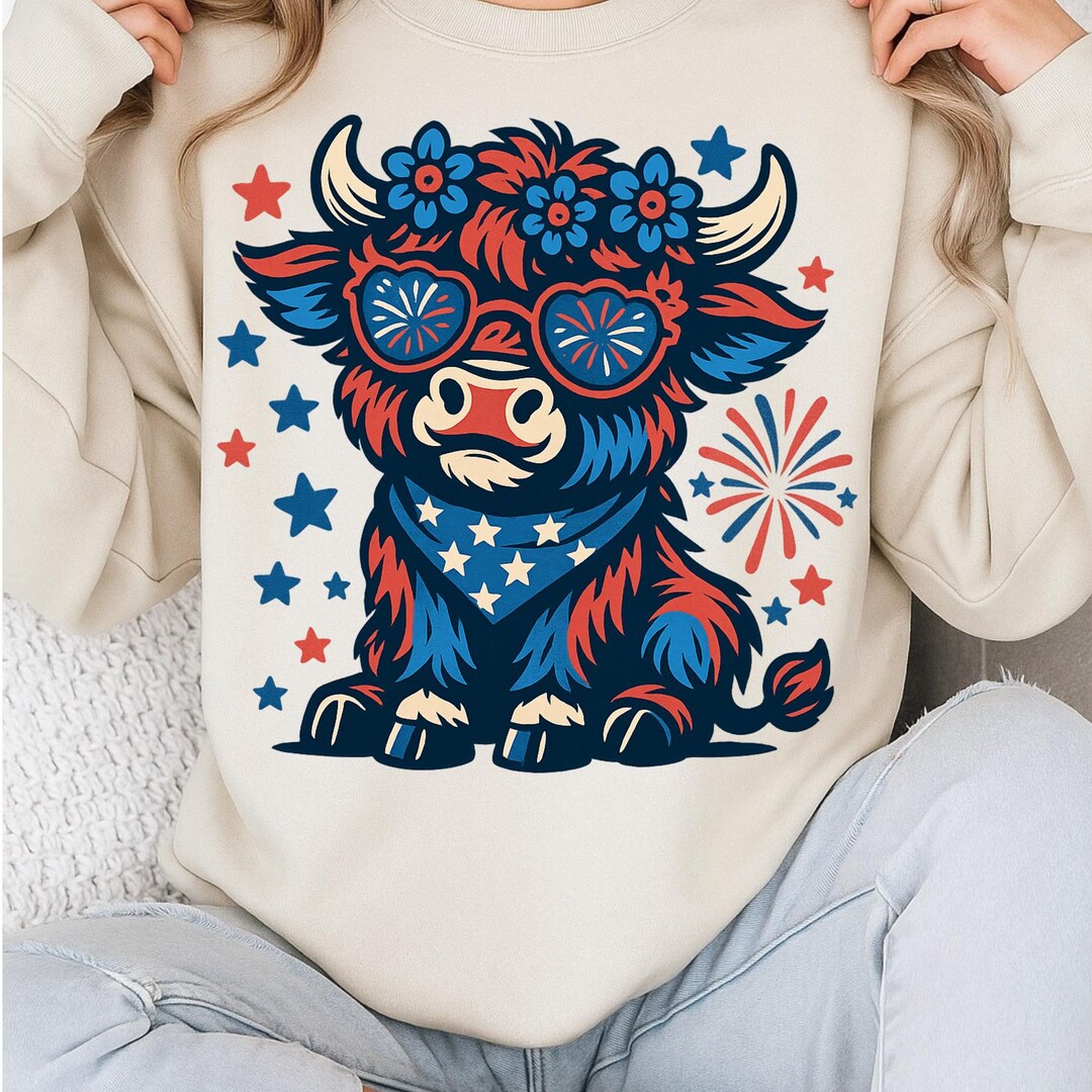 Patriotic Highland Cow PNG | Funny 4th of July Baby Cow USA Sublimation ...