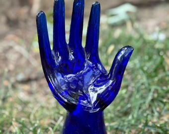 Vintage Cobalt Blue Glass Hand Statue, Antique Ring Holder, 8” Tall ...