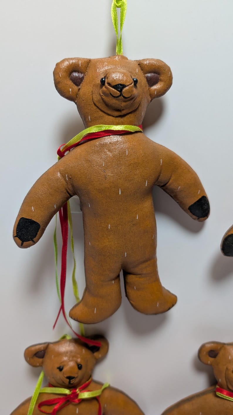 4 Primitive Teddy Bears - Hand-painted Muslin Folk Art With Stitched ...