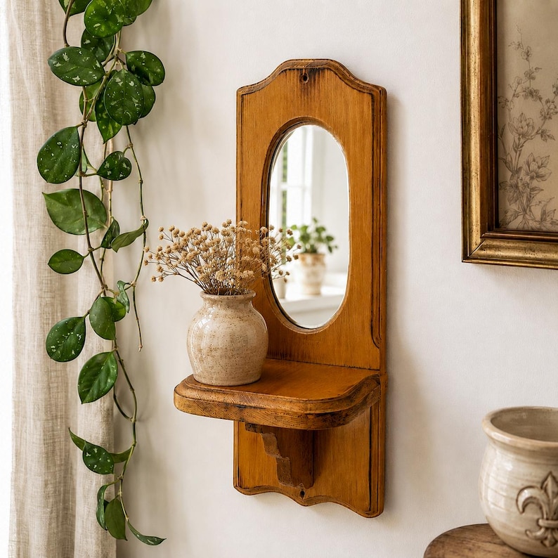 Vintage Scandinavian Wooden Shelf Mirror | Cottage Farmhouse Entryway ...
