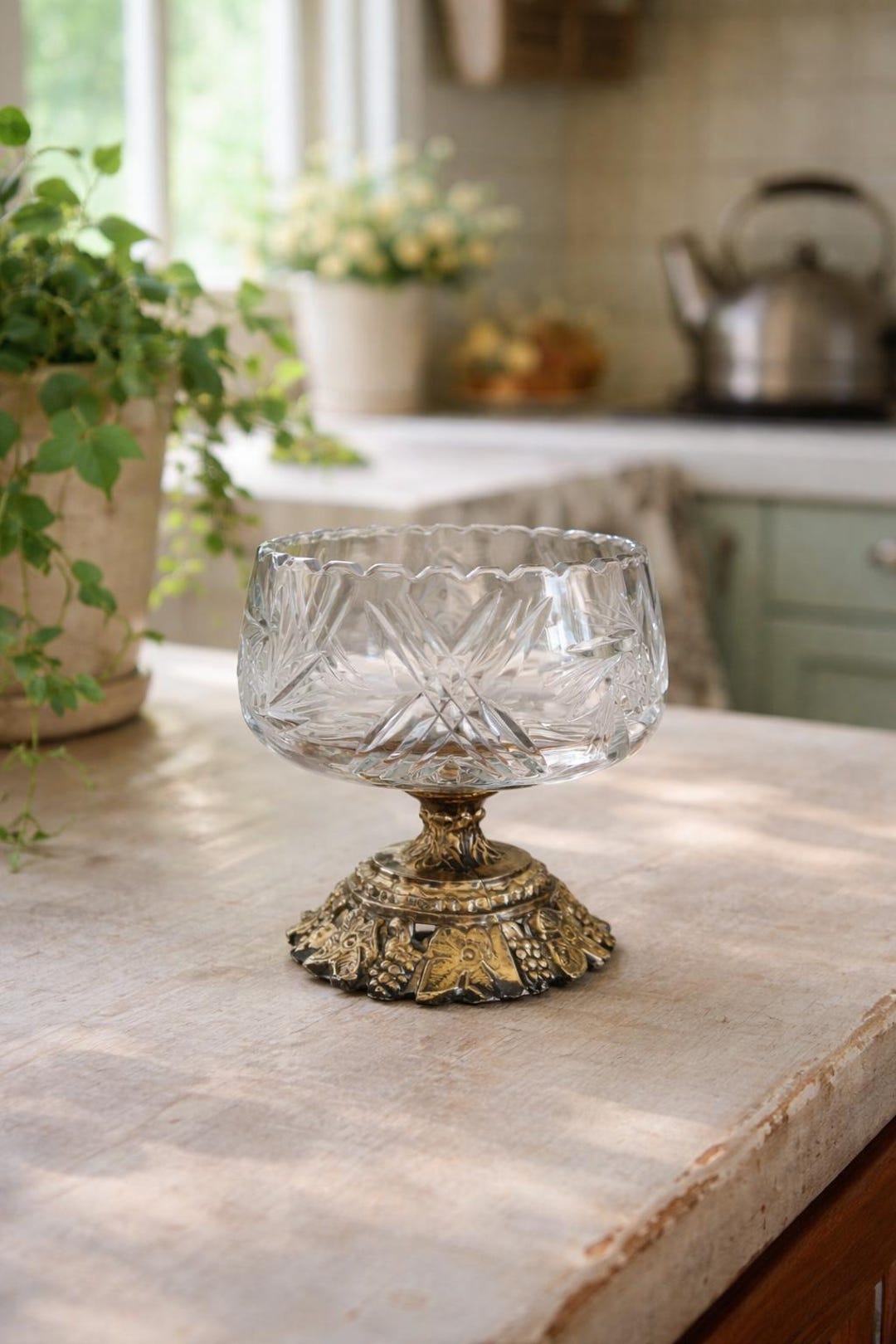 Vintage Cut Crystal Compote Bowl – Ornate Grape Leaf Brass Base - Etsy