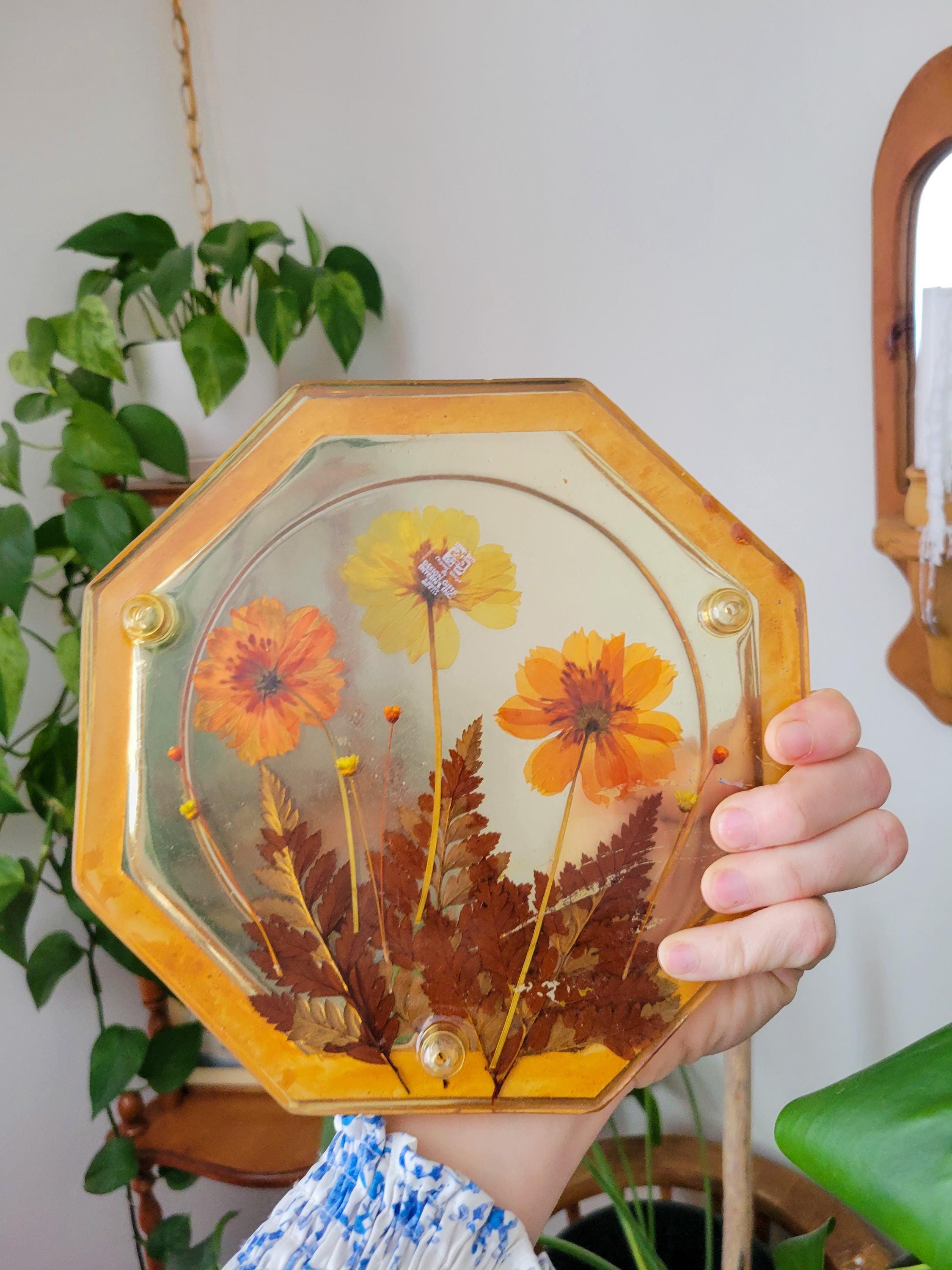 Vintage Pressed Flower Resin Trivet • Octagon Boho Botanical Decor ...