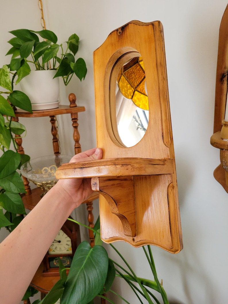Vintage Scandinavian Wooden Shelf Mirror | Cottage Farmhouse Entryway ...