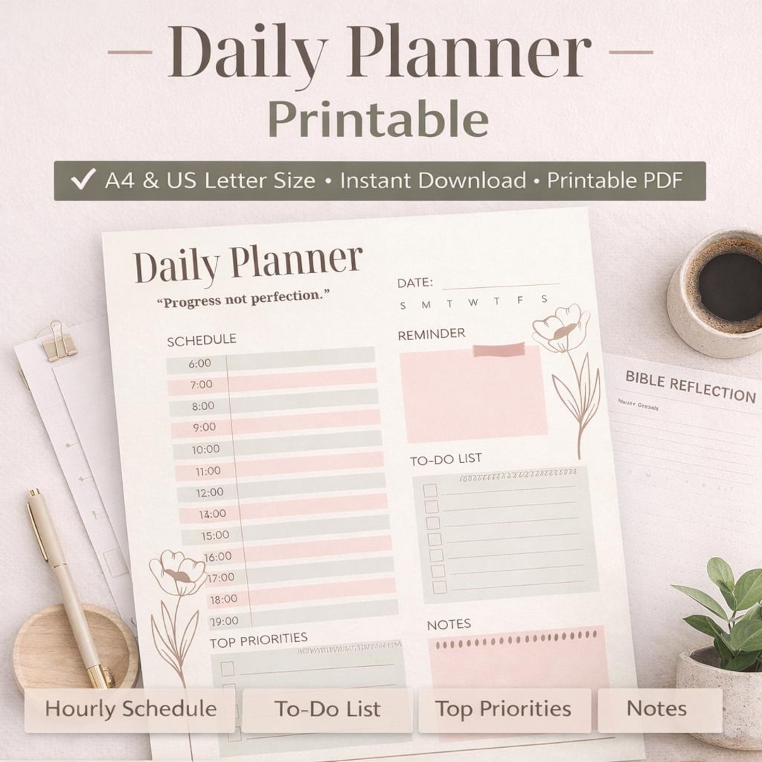 Minimalist Daily Planner Printable | Hourly Schedule, To-do List (A4/US ...