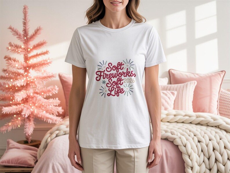 Soft Fireworks Soft Life 2026 - Cozy Pink Aesthetic With Christmas Tree ...