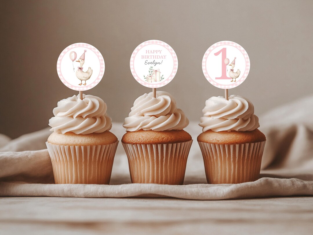 Pink Gingham Goose Cupcake Toppers: Custom Birthday Party Favor Tags ...