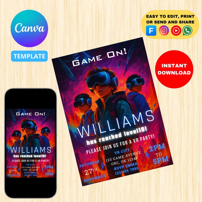 VR Birthday Invitation Template for Kids Party | Editable Digital ...