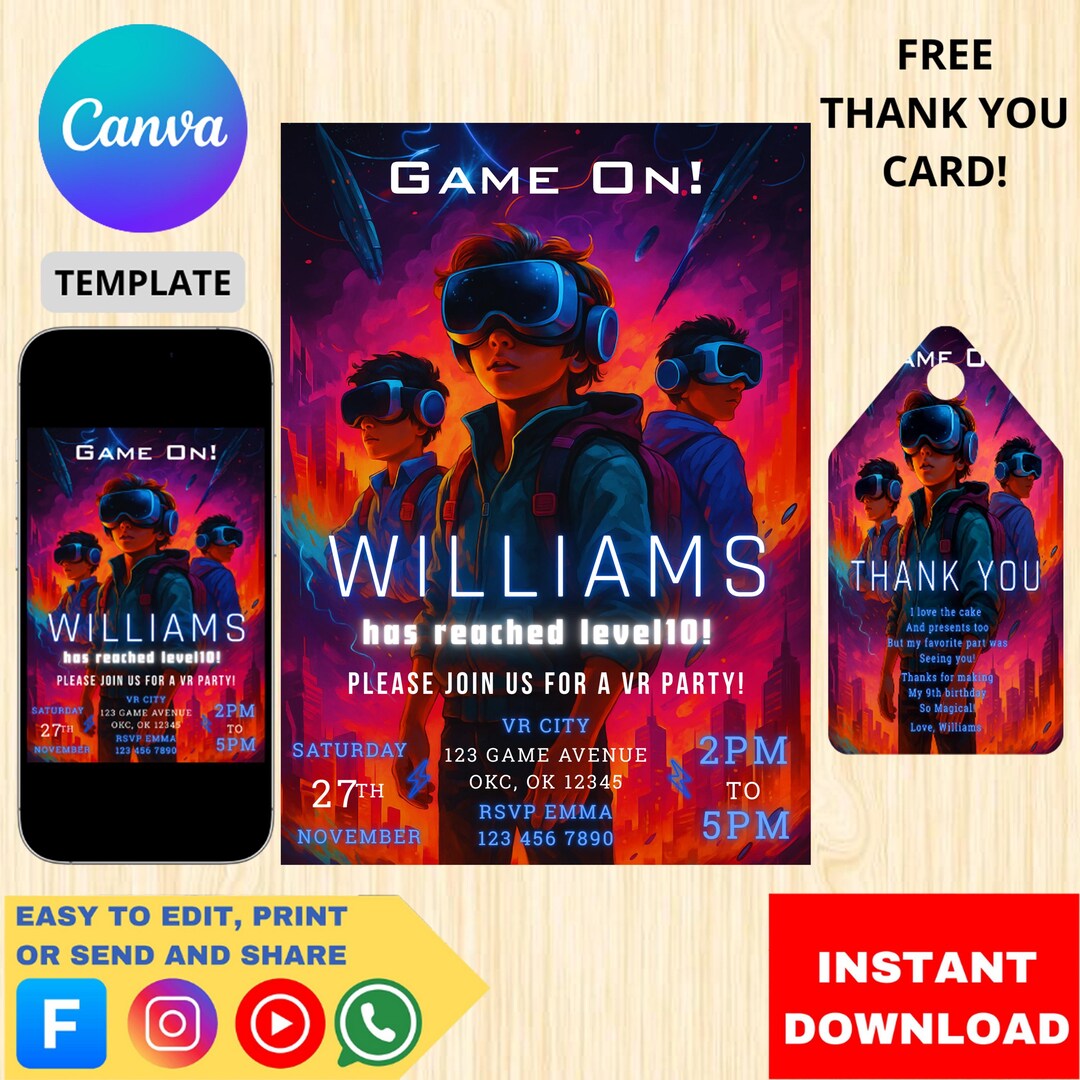 VR Birthday Invitation Template for Kids Party | Editable Digital ...