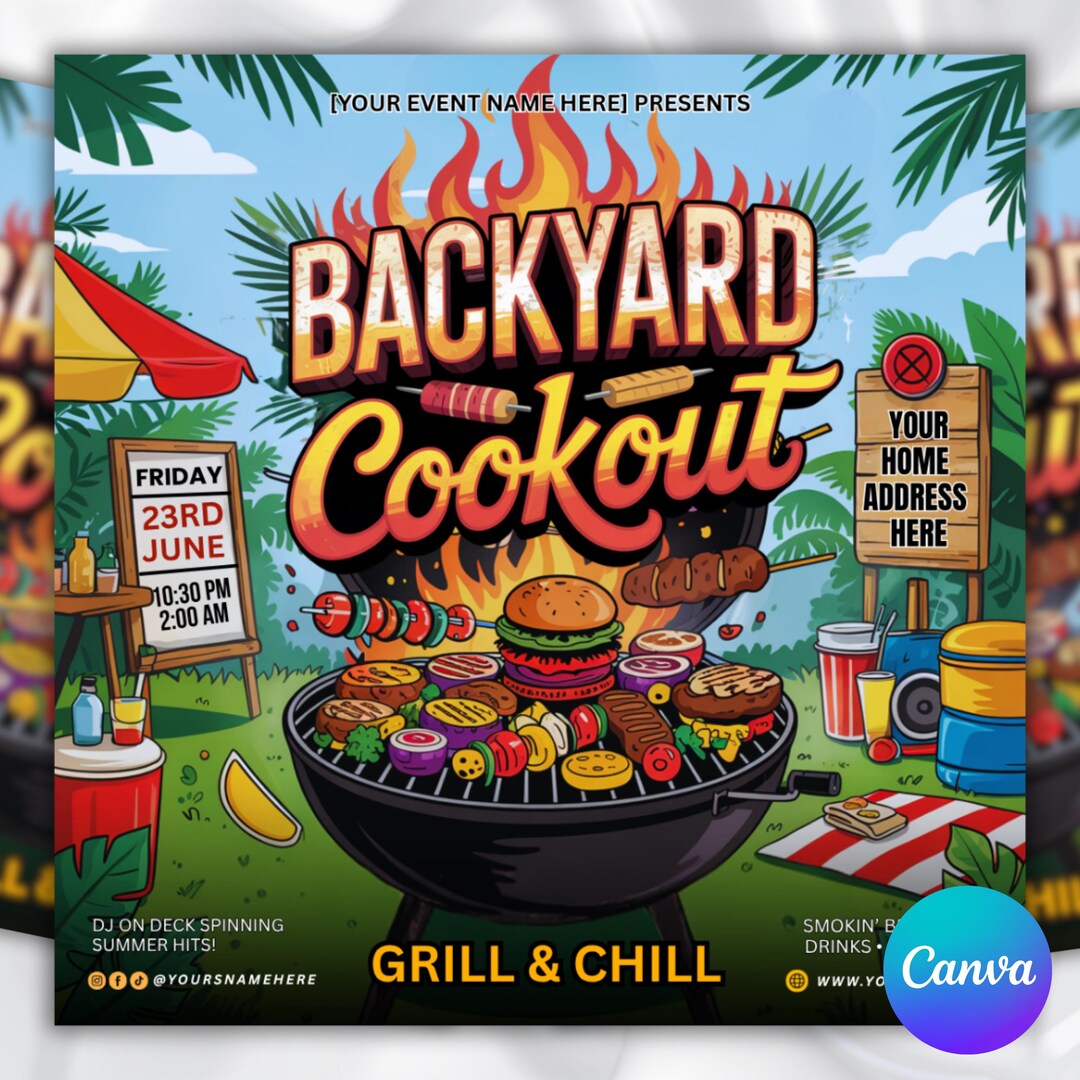 Backyard Cookout Flyer: Editable BBQ Party Template (canva DIY Design ...