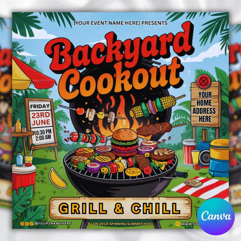 Backyard Cookout Flyer: Editable BBQ Party Template (canva DIY Design ...