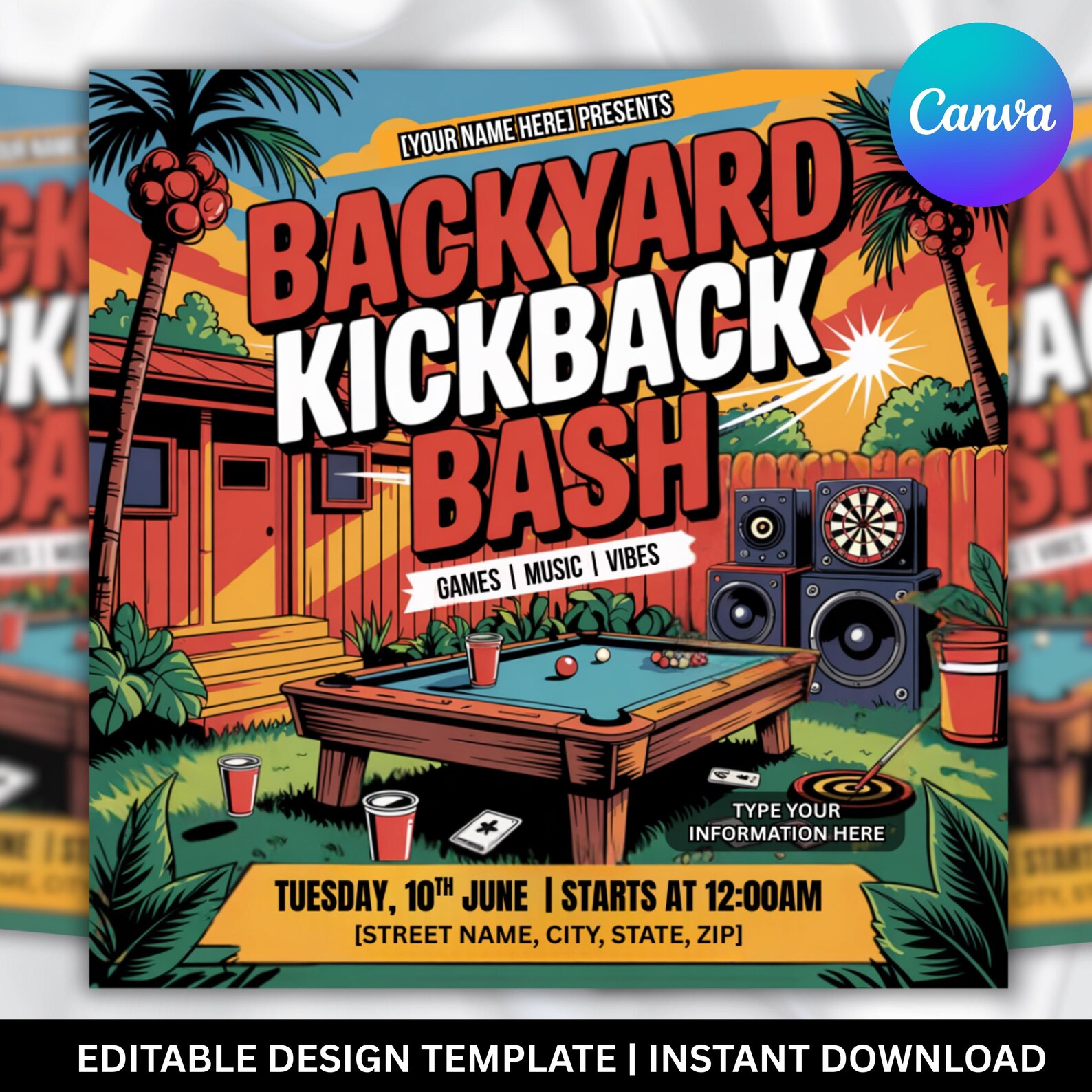 Backyard Kickback Bash Flyer Template, Summer Party Games Music Vibes ...