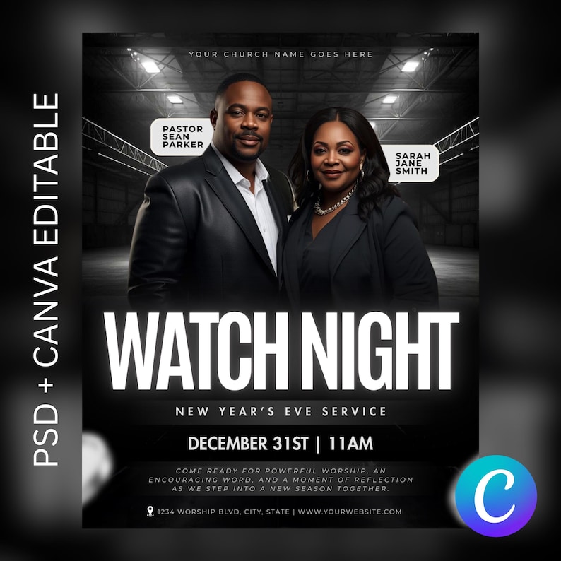 Watch Night Church Flyer | New Year's Eve Service, Editable Canva & PSD ...