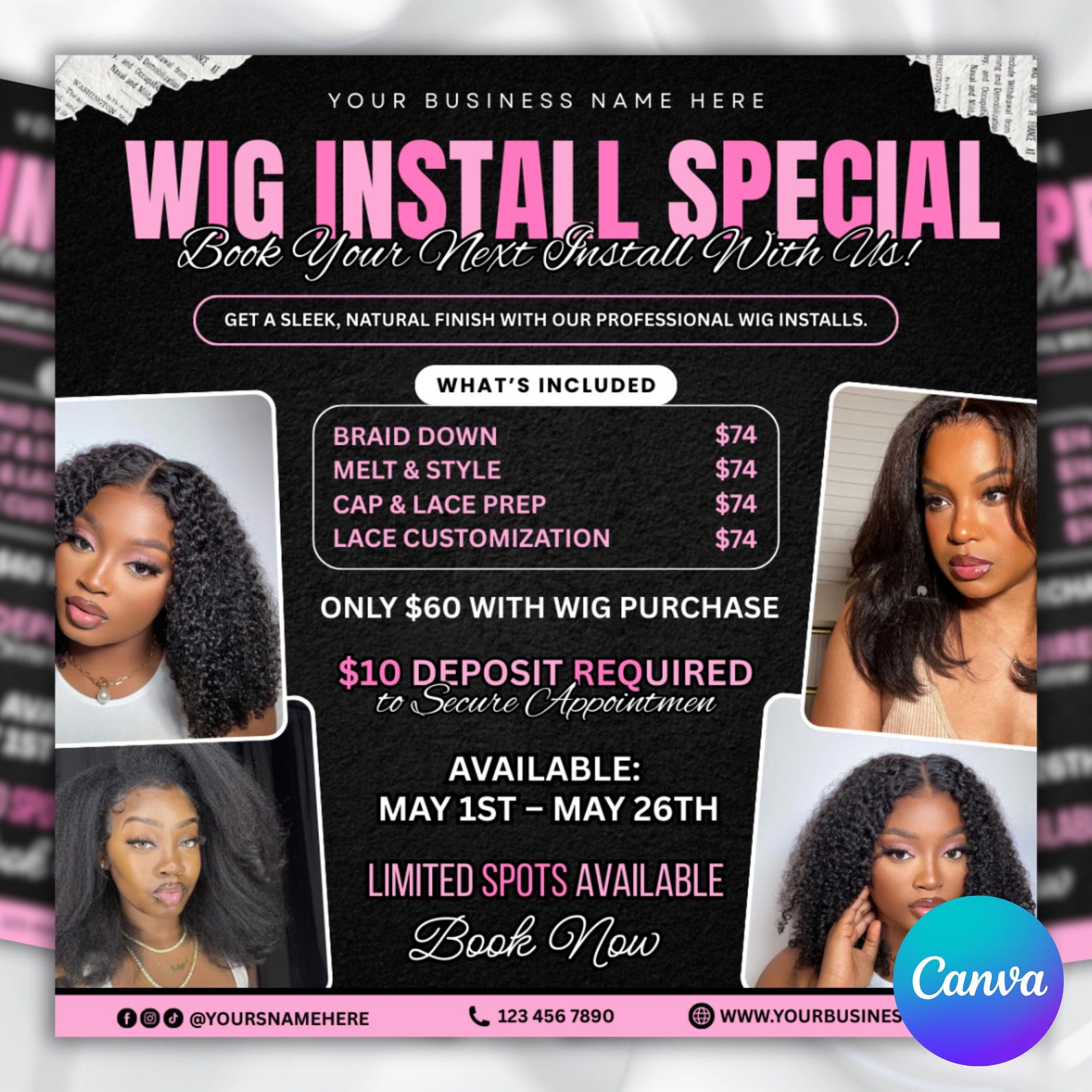 Canva Editable Wig Flyer Template: Hair Stylist Marketing (digital ...