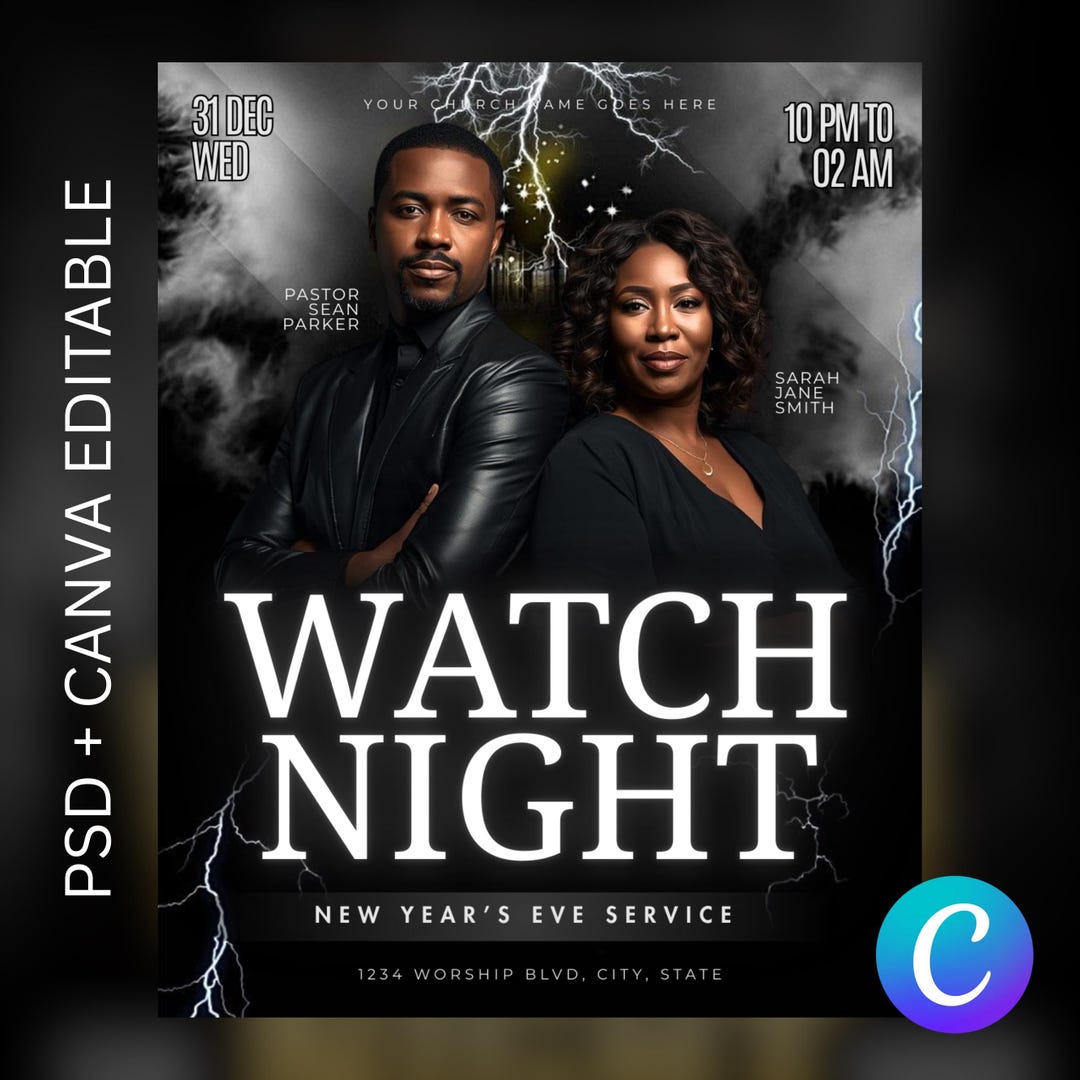 Watch Night Church Flyer | New Year's Eve Service, Editable Canva & PSD ...